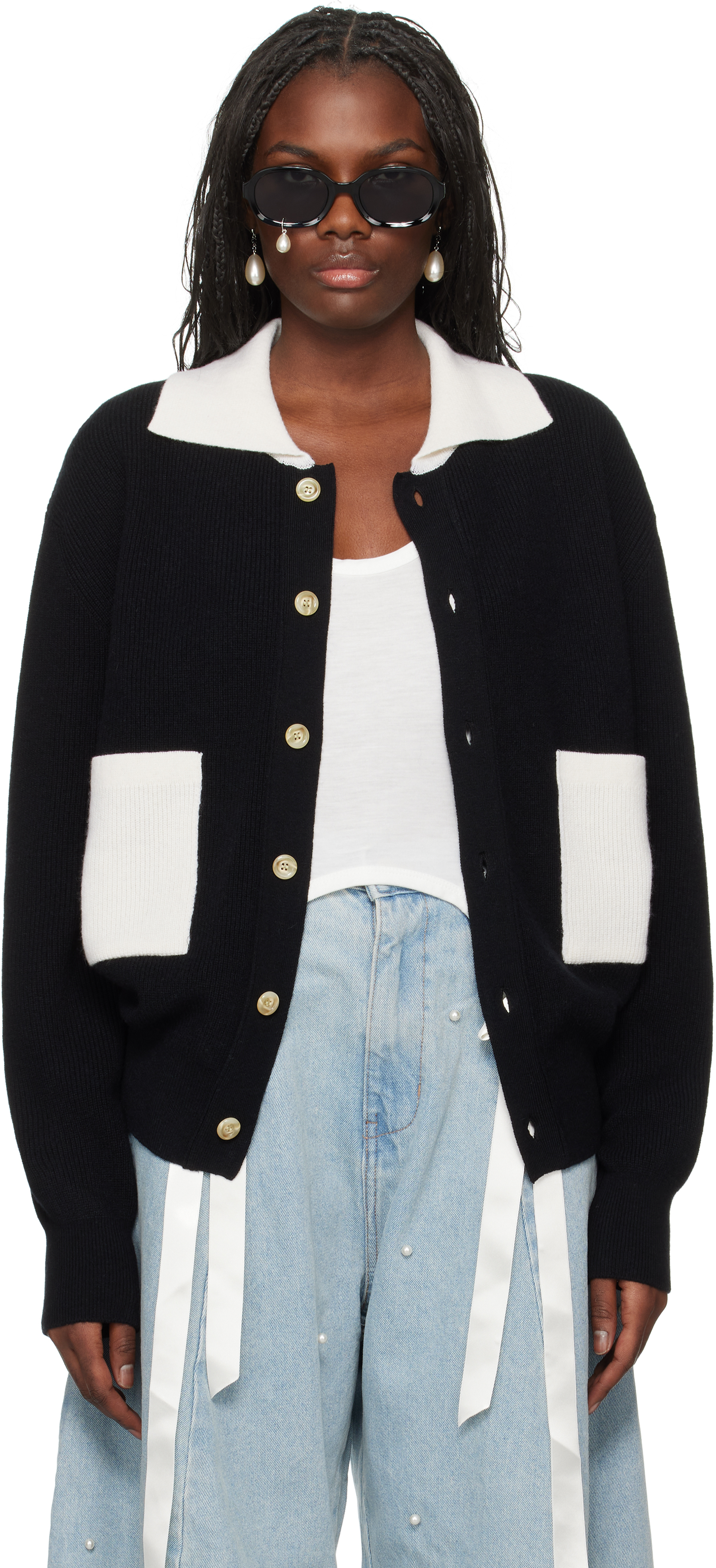 KIMHĒKIM: Black & Off-White Bicolor Polo Cardigan | SSENSE