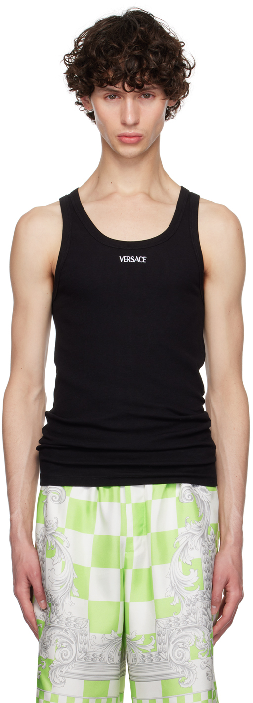 Versace Underwear: Black Embroidered Logo Tank Top | SSENSE UK