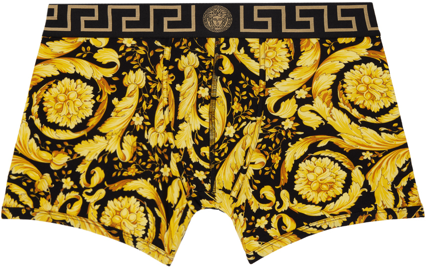 Versace Underwear: Boxer long noir et doré à motif baroque | SSENSE France