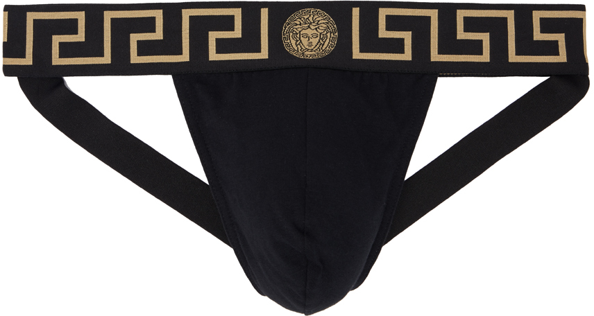 Versace Underwear: Black Greca Border Jockstrap | SSENSE Canada