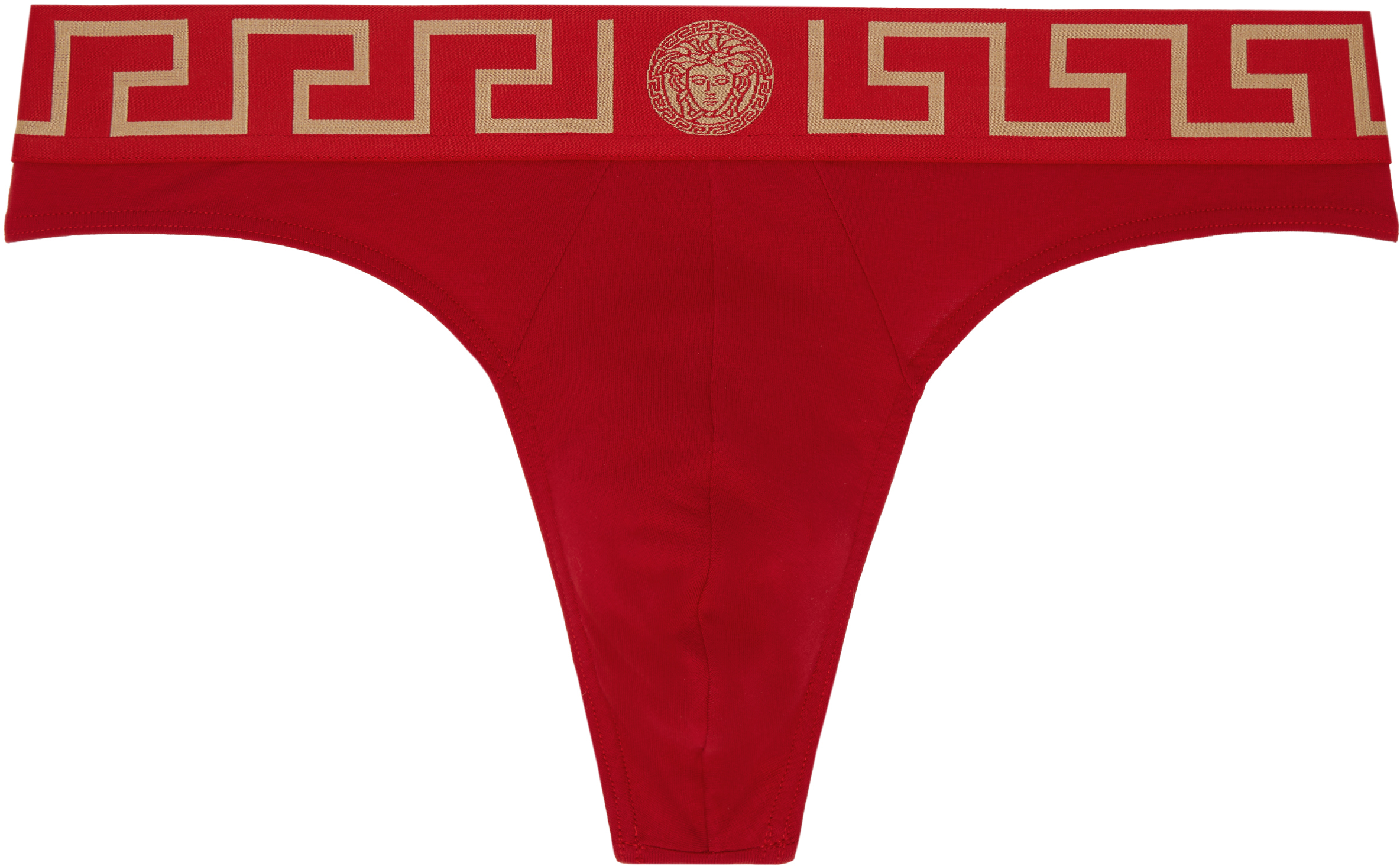 Versace Underwear: Red Greca Border Thong Briefs | SSENSE
