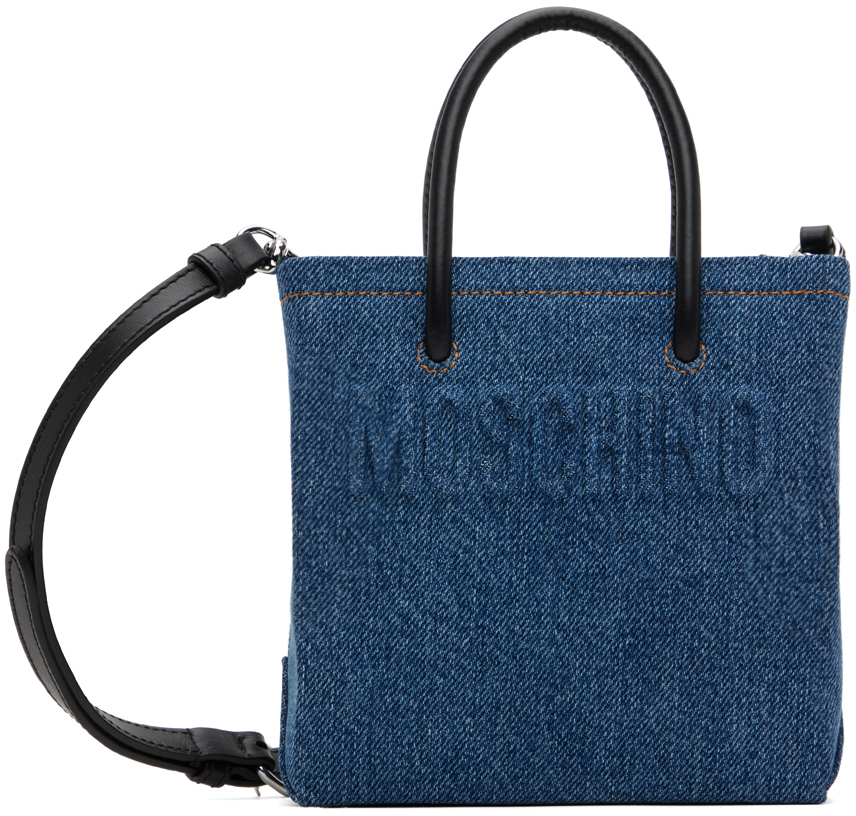 Blue Embossed Denim Bag by Moschino on Sale