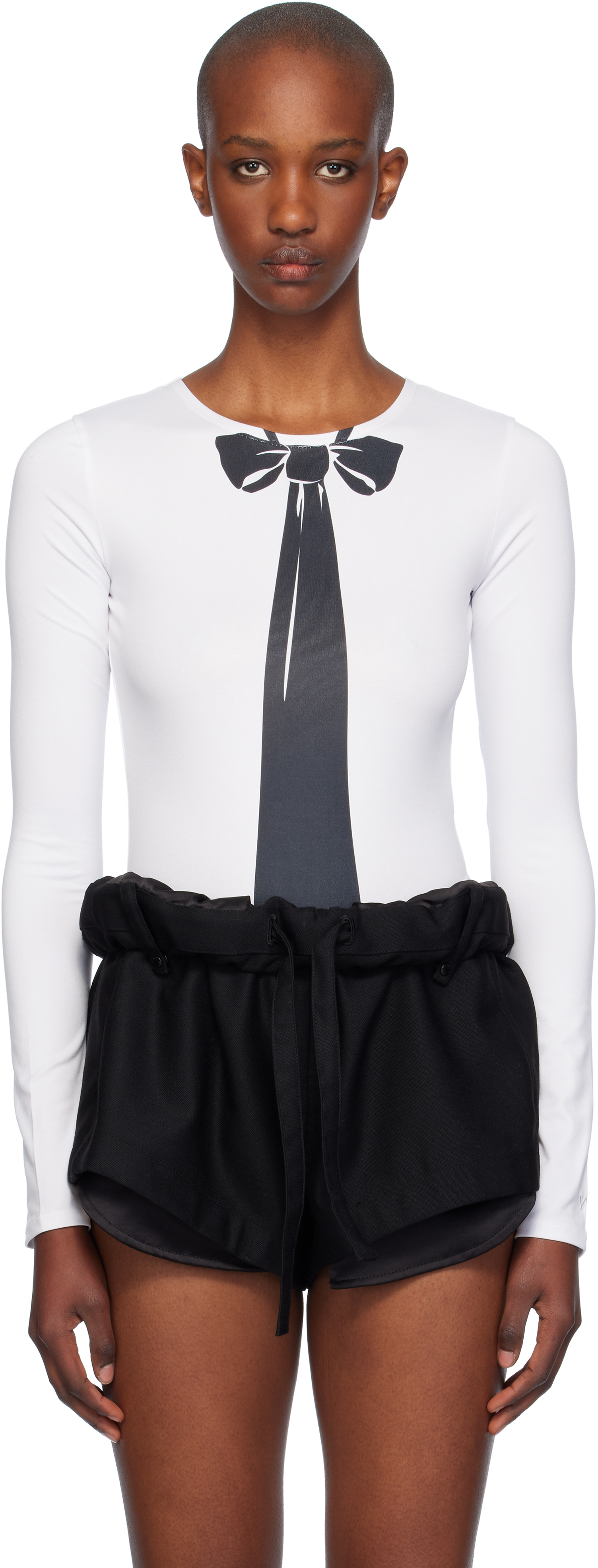 White Ribbon Tie Bodysuit by OPEN YY on Sale