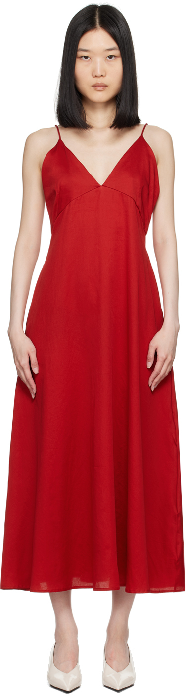 LESET: Red Yoko V Midi Dress | SSENSE