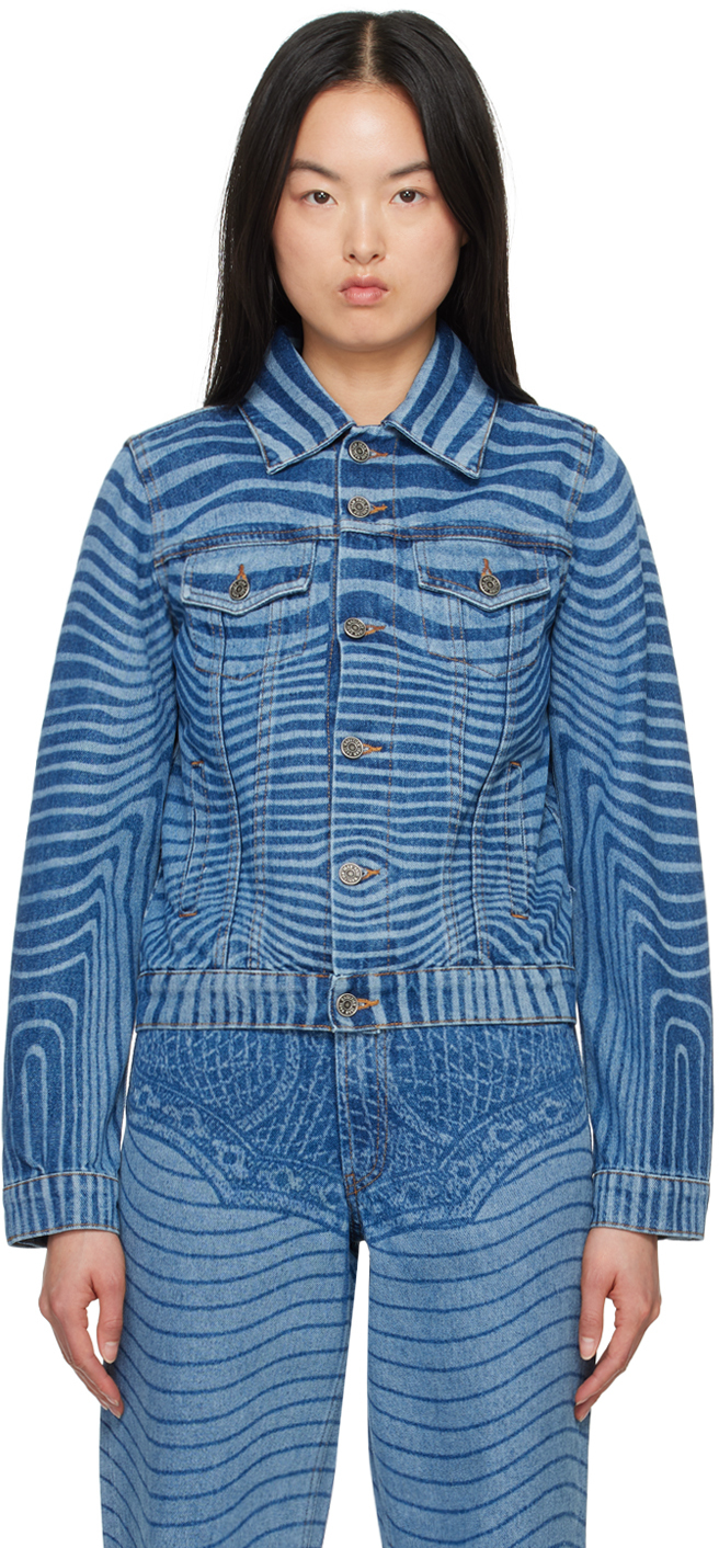 Blue Laser Printed Denim Jacket by Jean Paul Gaultier on Sale