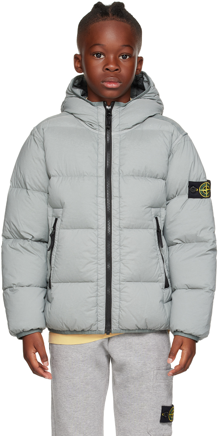 Kids Gray Hooded Down Jacket by Stone Island Junior on Sale