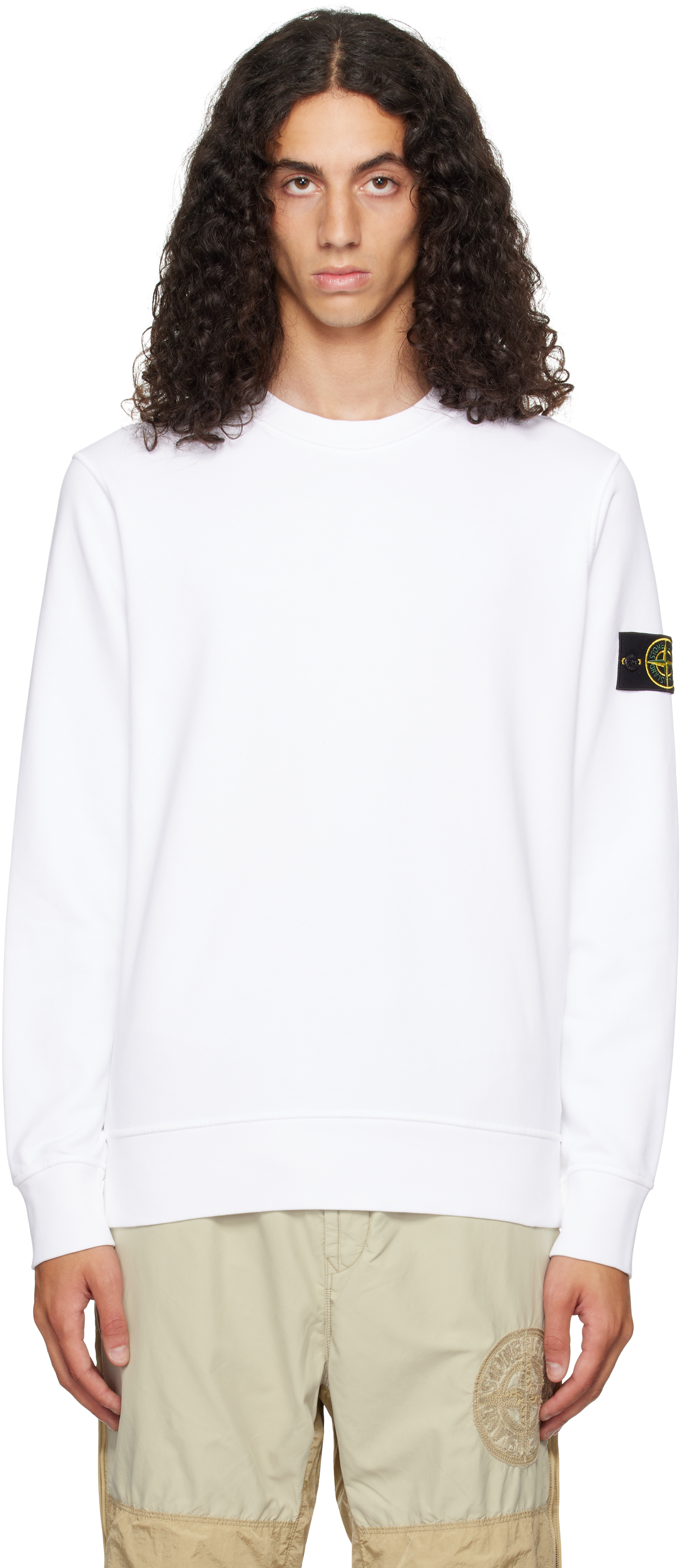 Stone Island: Pull molletonné blanc en molleton de coton | SSENSE France