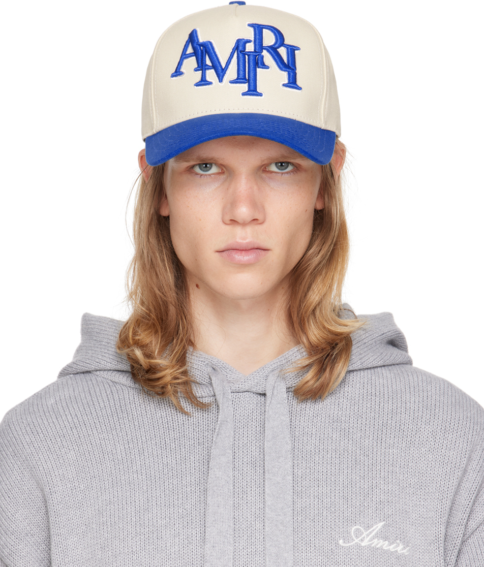 AMIRI: Off-White & Blue Staggered 'AMIRI' Canvas Cap | SSENSE