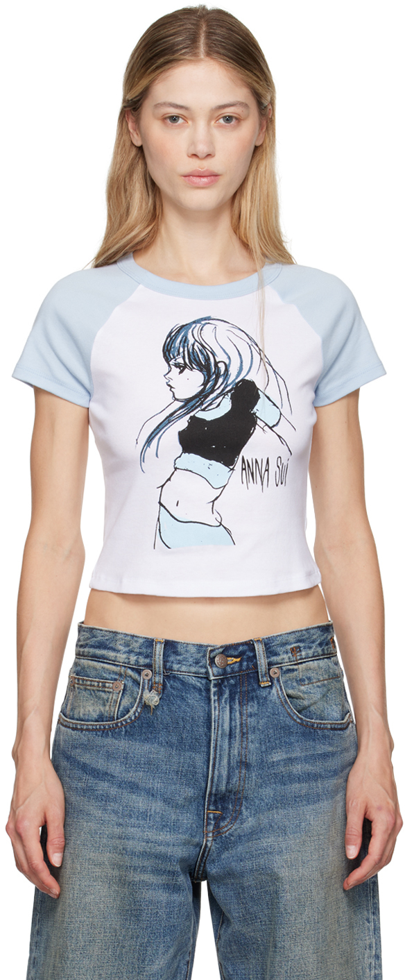 White & Blue 'Anna Sui Girl' T-Shirt by Anna Sui on Sale