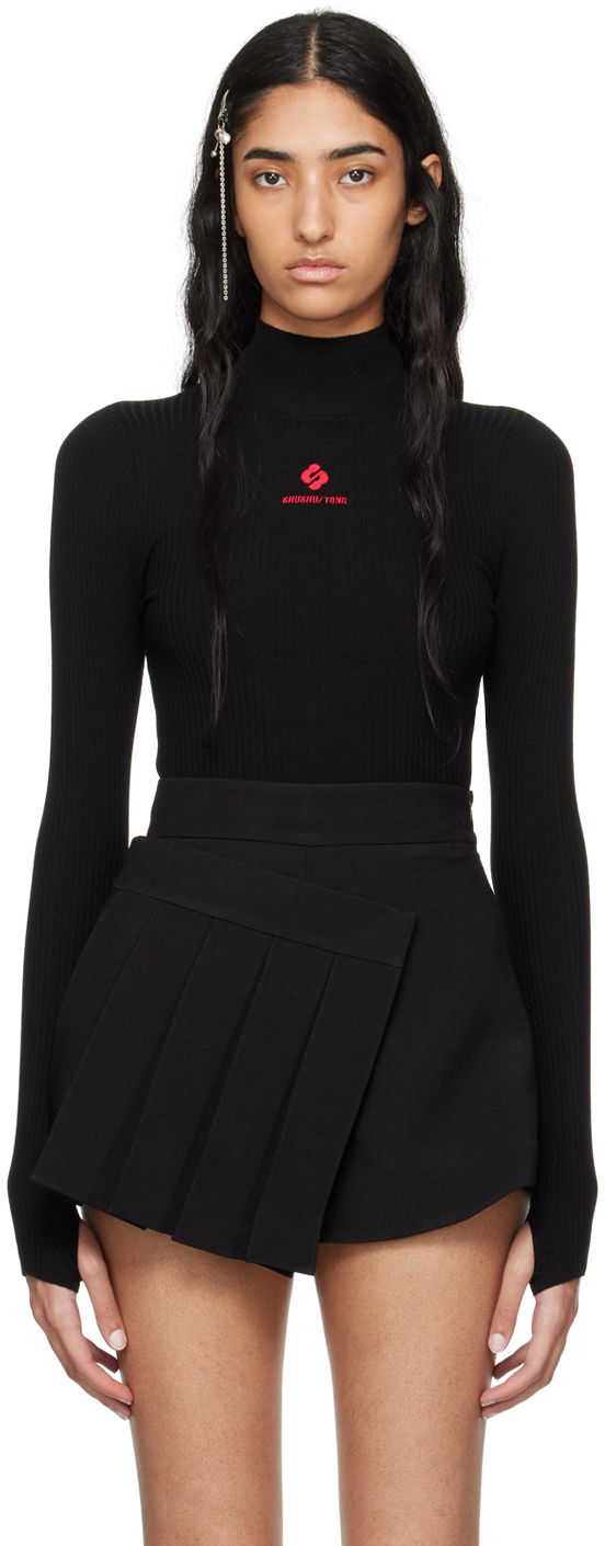 SHUSHU/TONG: Black Embroidered-Logo Turtleneck | SSENSE