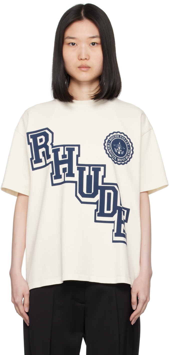 Rhude: Off-White Collegiate Crest T-Shirt | SSENSE
