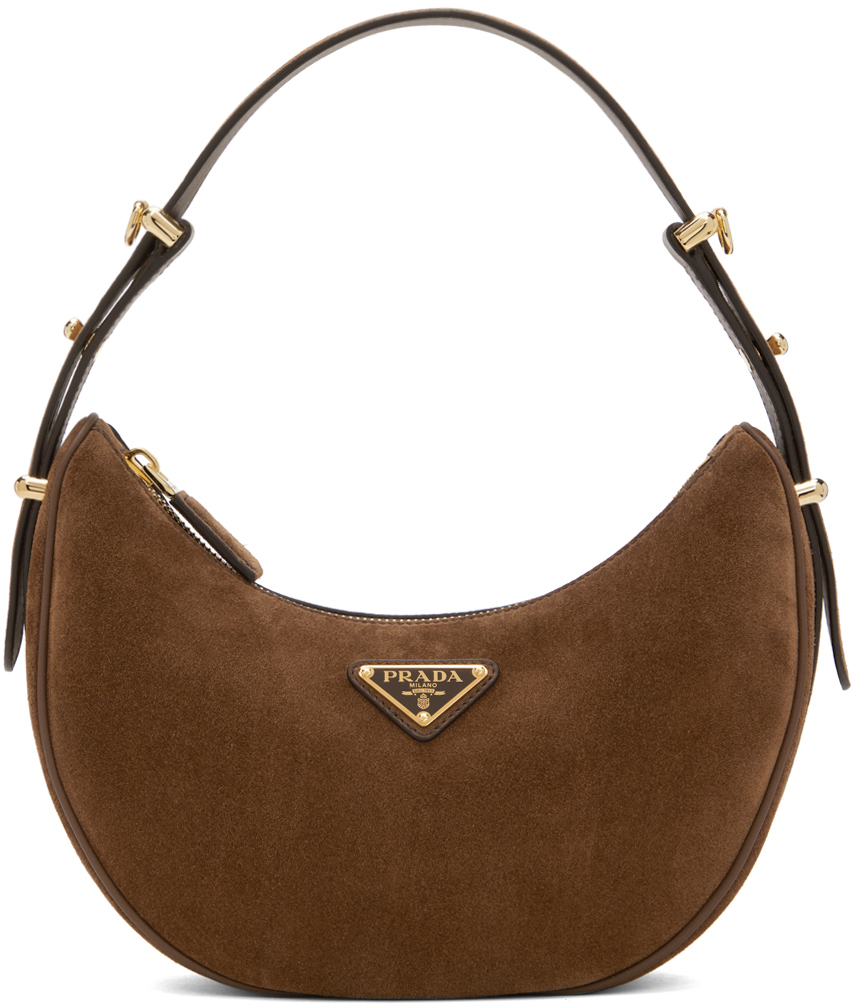 Prada: Brown Arqué Suede Shoulder Bag | SSENSE Canada