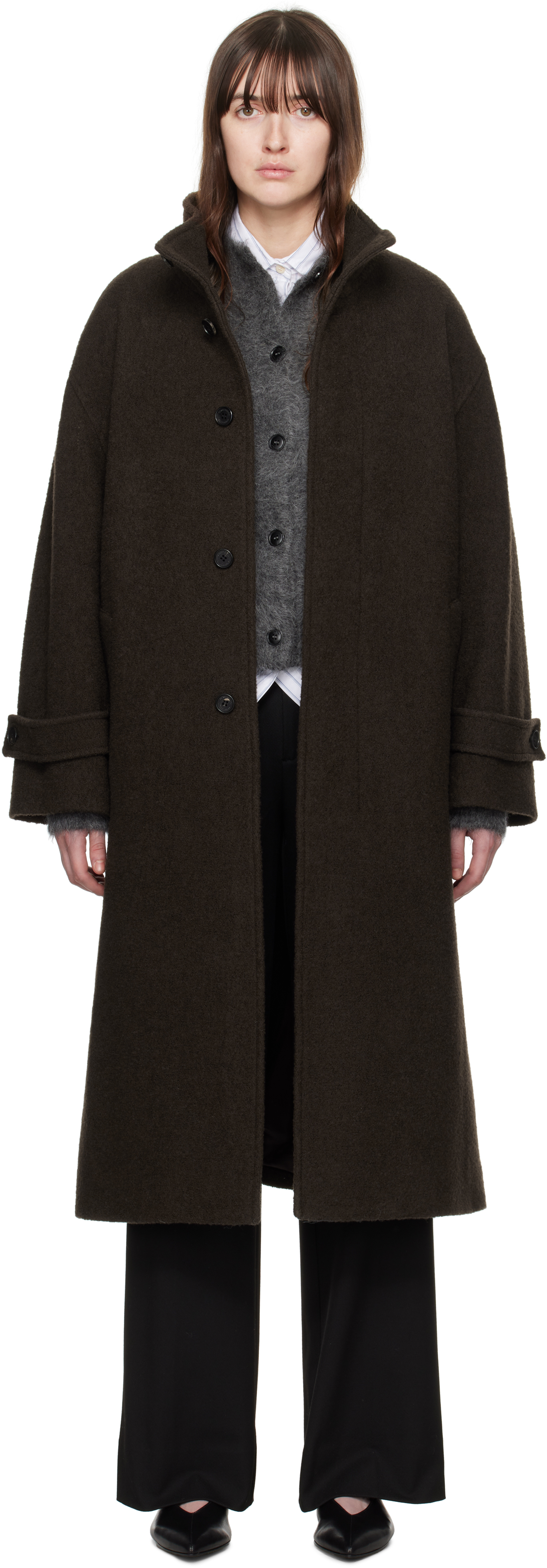Brown Stand Collared Wool Coat by Dunst on Sale