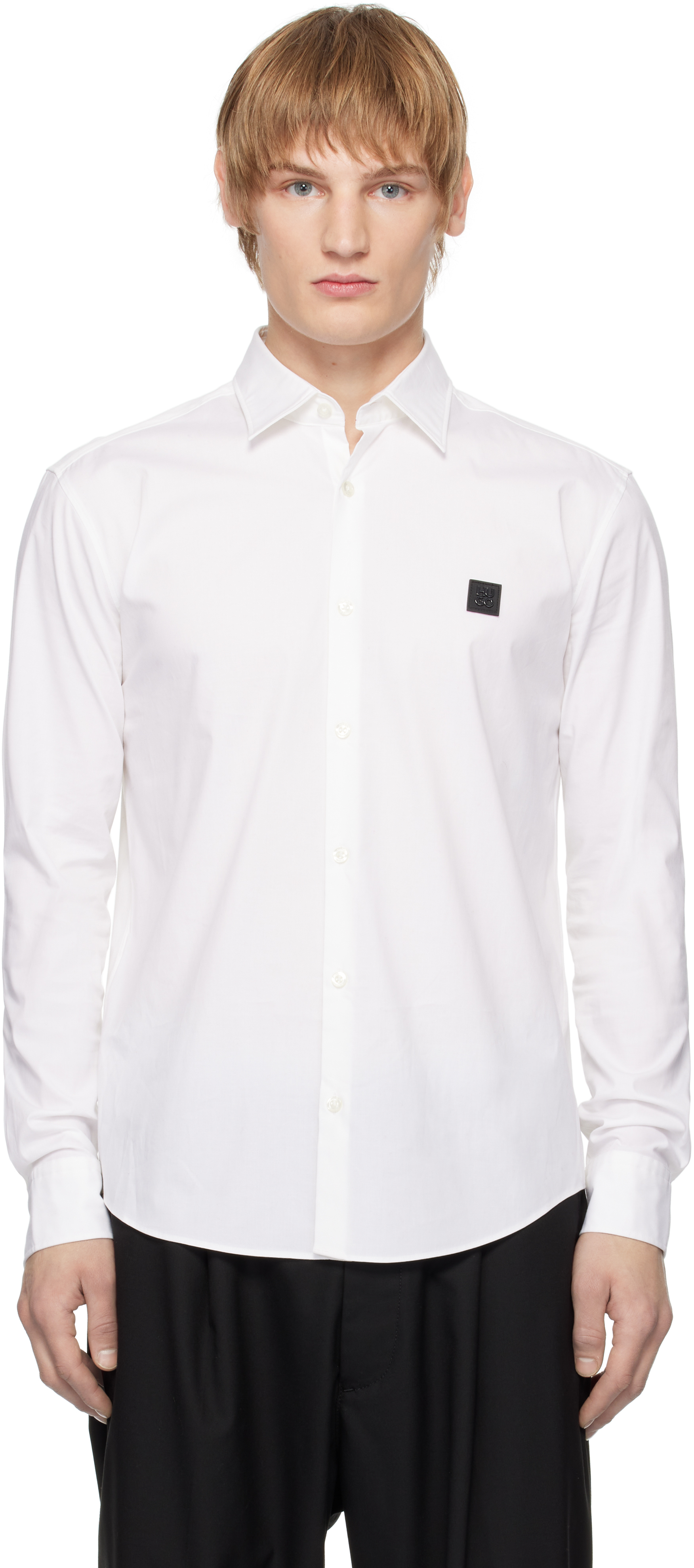 Hugo: Off-White Slim-Fit Stacked Logo Shirt | SSENSE
