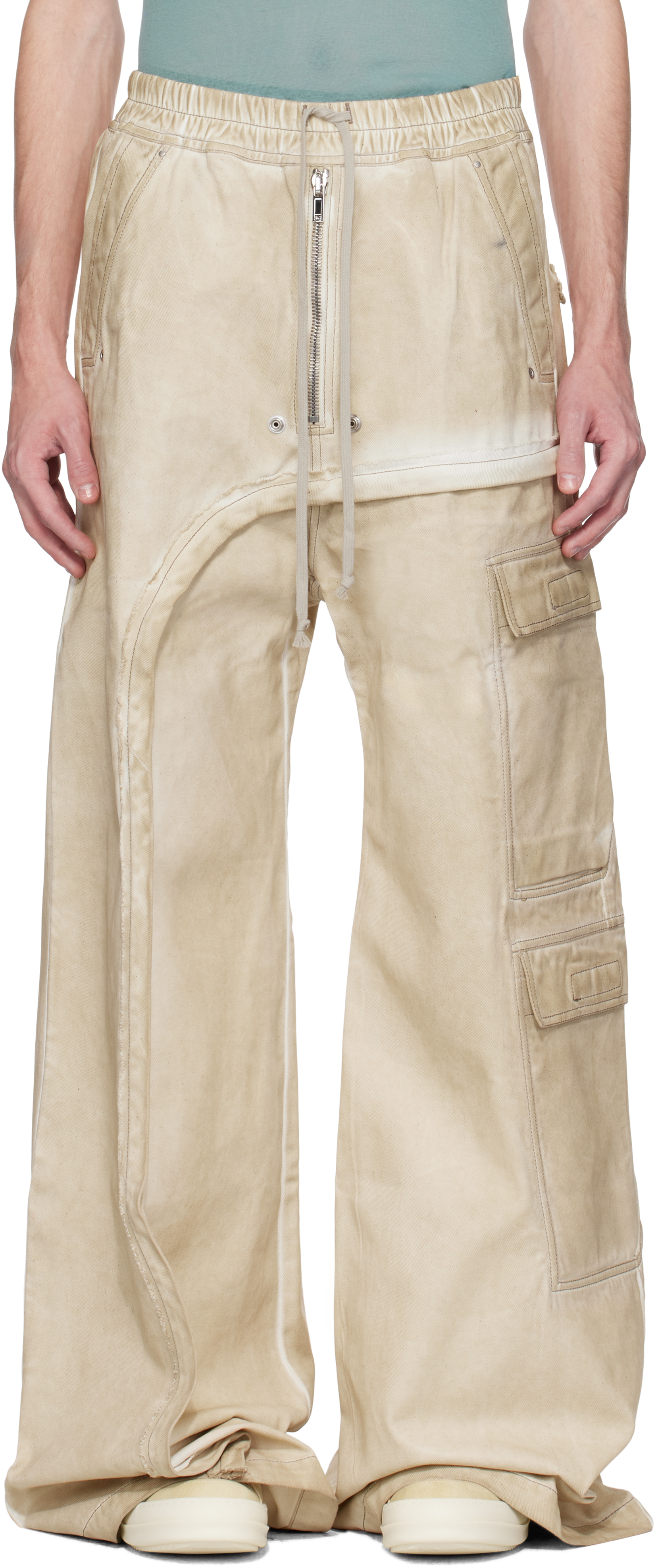 Rick Owens DRKSHDW: Beige Hollywood Imbalanced Double Cargo Rick Owens DRKSHDW: Beige Hollywood Imbalanced Double Cargo