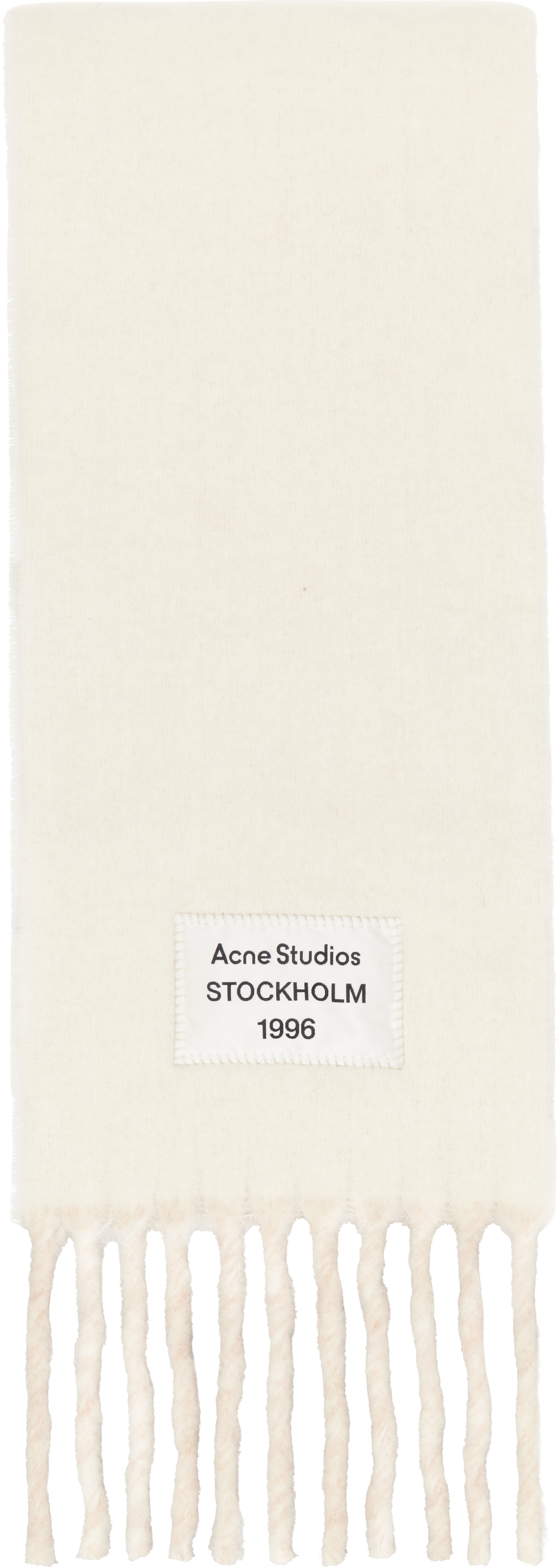 Acne Studios: Off-White & Beige Fringed Logo Label Scarf | SSENSE
