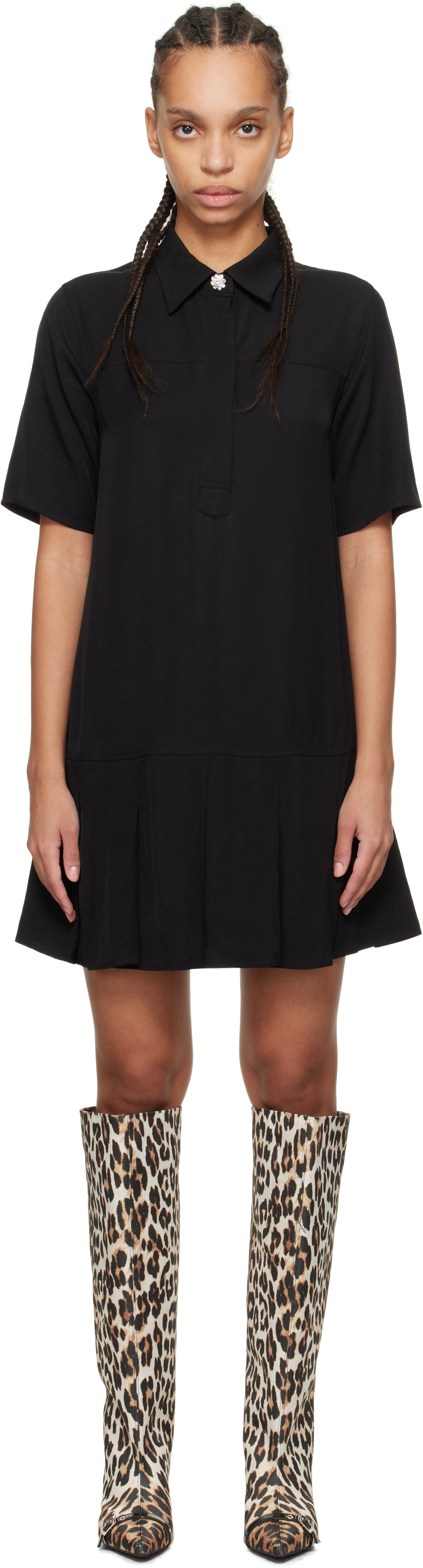 GANNI: Black Viscose Twill Minidress | SSENSE