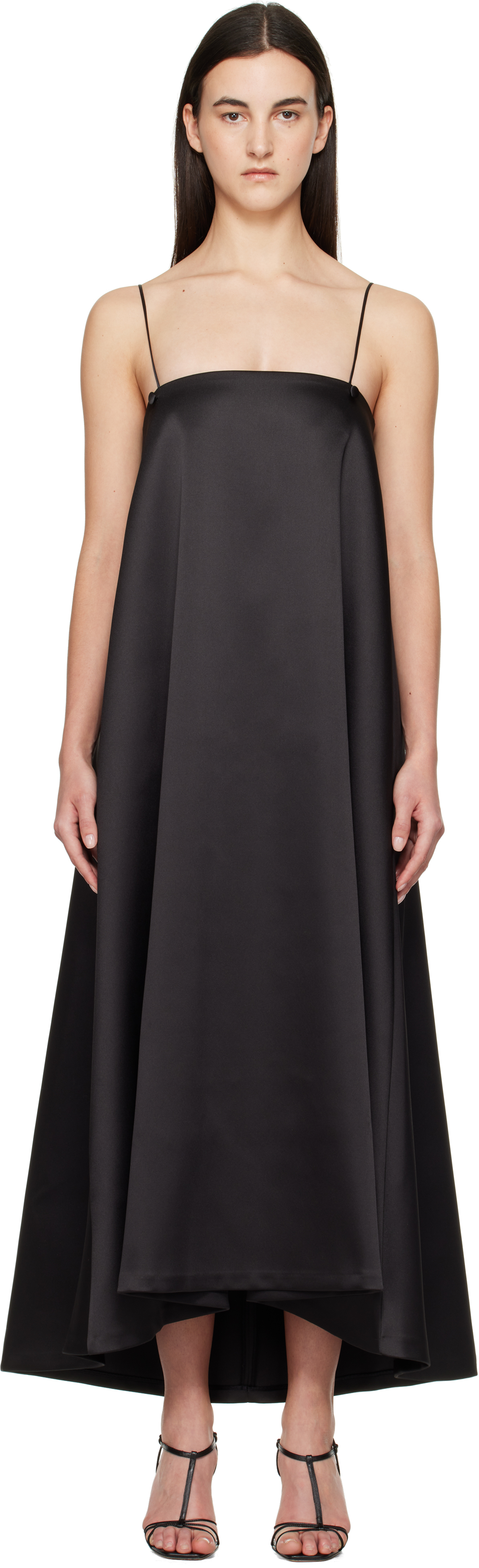 Róhe: Black Voluminous Satin Evening Maxi Dress | SSENSE