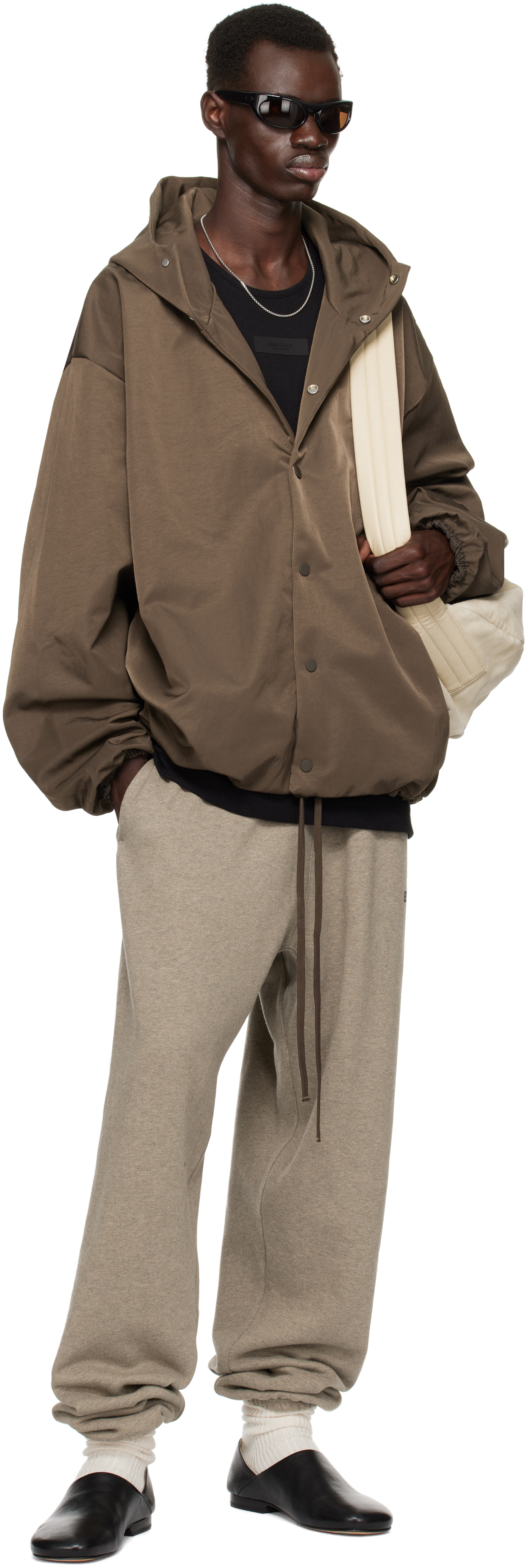 Fear of God ESSENTIALS Brown Textured Nylon Hooded Coaches Jacket ...