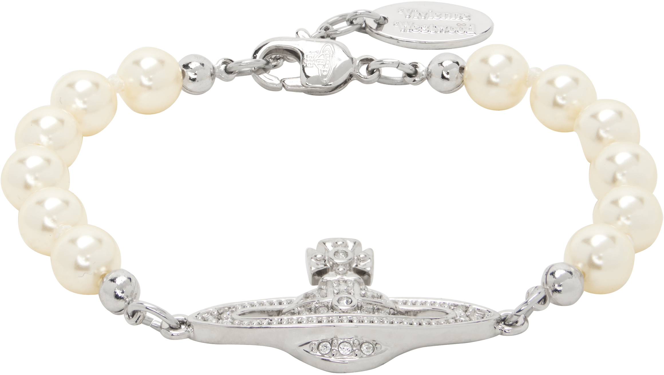 Vivienne Westwood: Silver & White Mini Bas Relief Pearl Bracelet | SSENSE