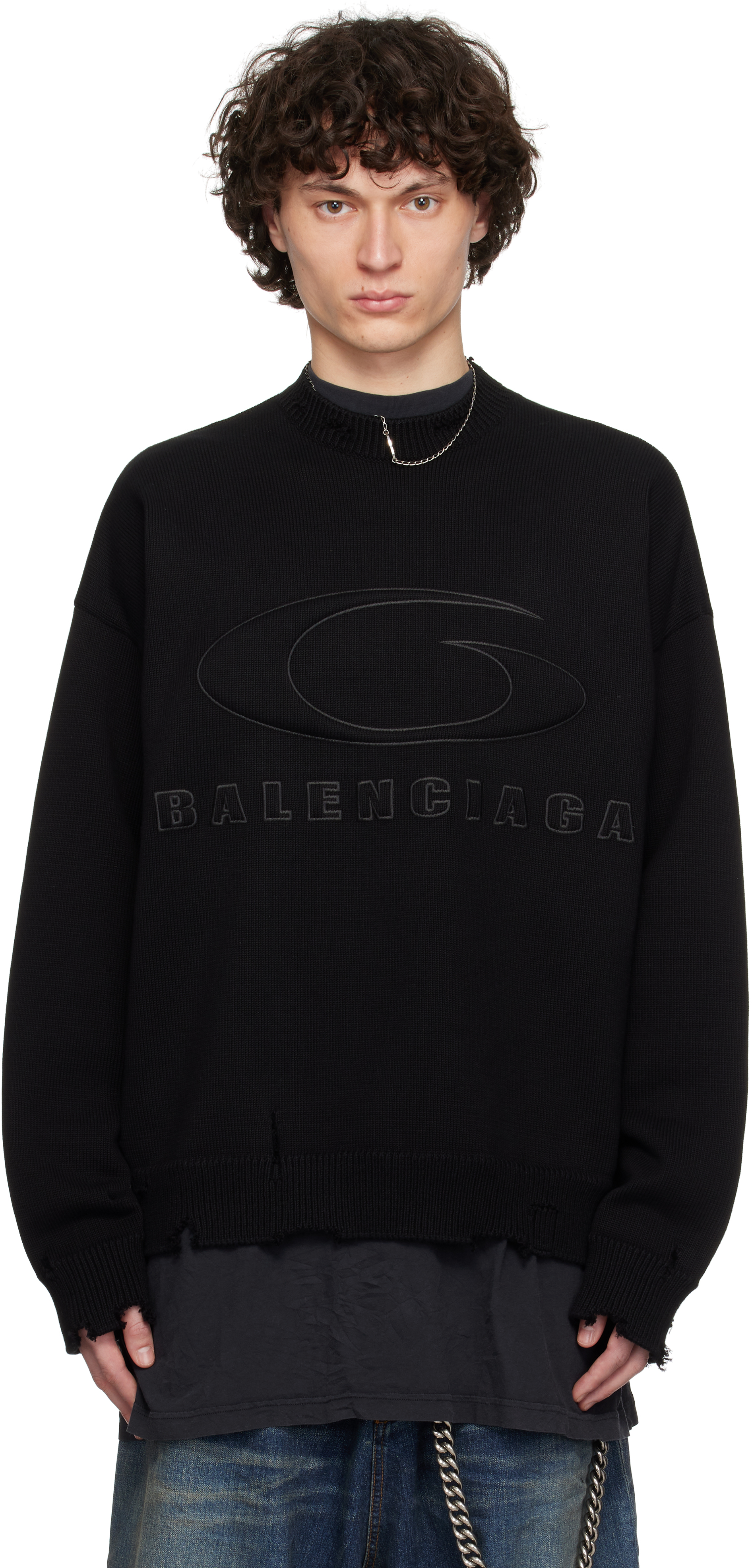 Balenciaga: Black Cotton Logo Padded Knit Crewneck Sweater Balenciaga: Black Cotton Logo Padded Knit Crewneck Sweater