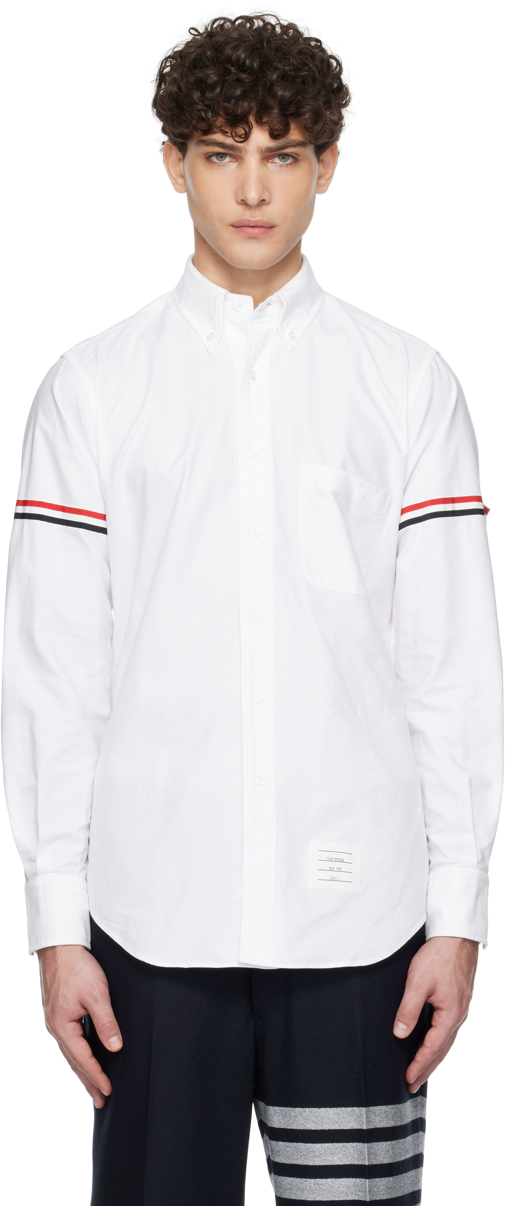 Thom Browne: White Striped Grosgrain Armband Classic Shirt | SSENSE UK