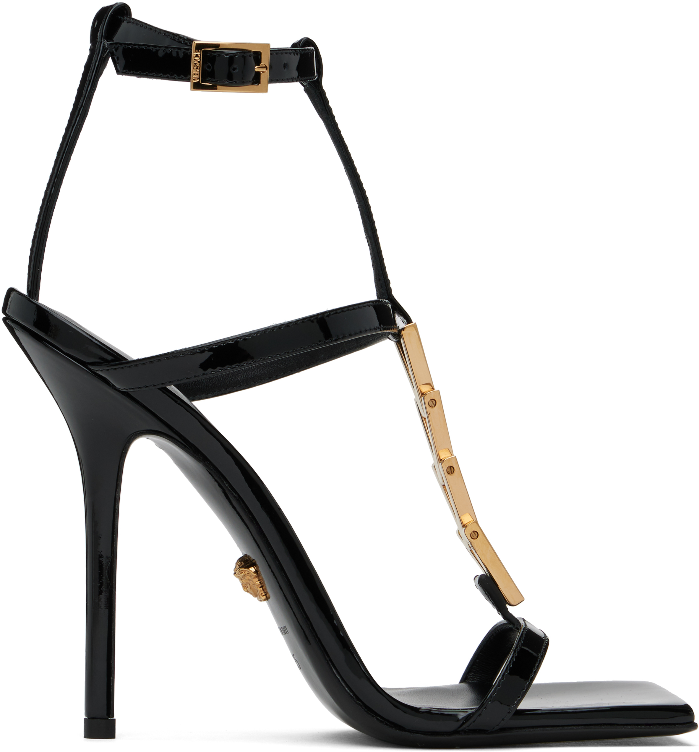 Versace V2025 Chain Patent 105 Mm Heeled Sandals In 1b00v-black- | ModeSens