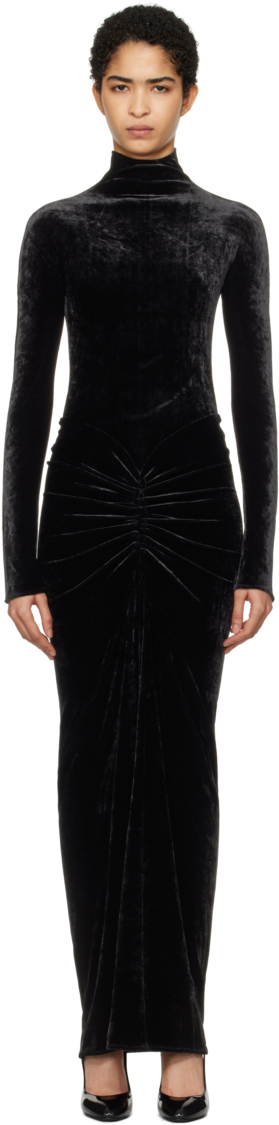 ALAÏA: Black Draped Maxi Dress | SSENSE