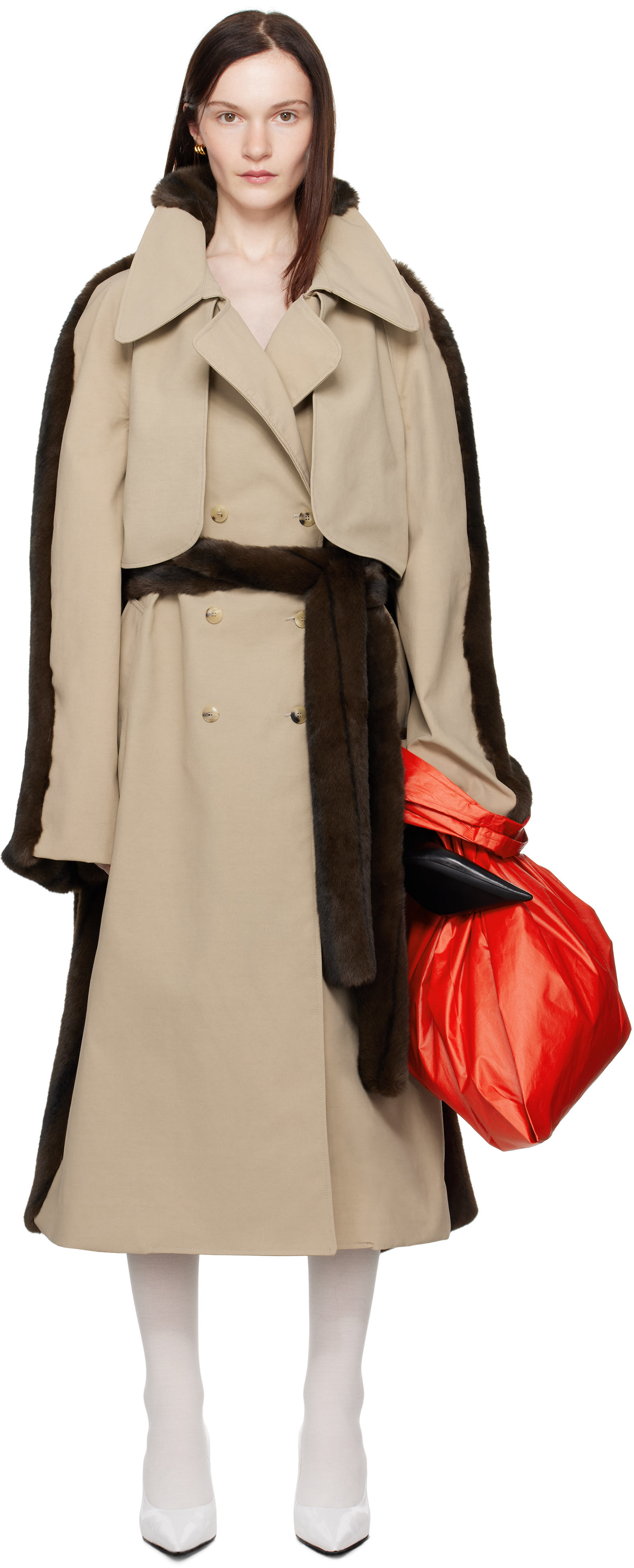 ABRA: Beige & Brown Hybrid Faux-Fur Trench Coat | SSENSE