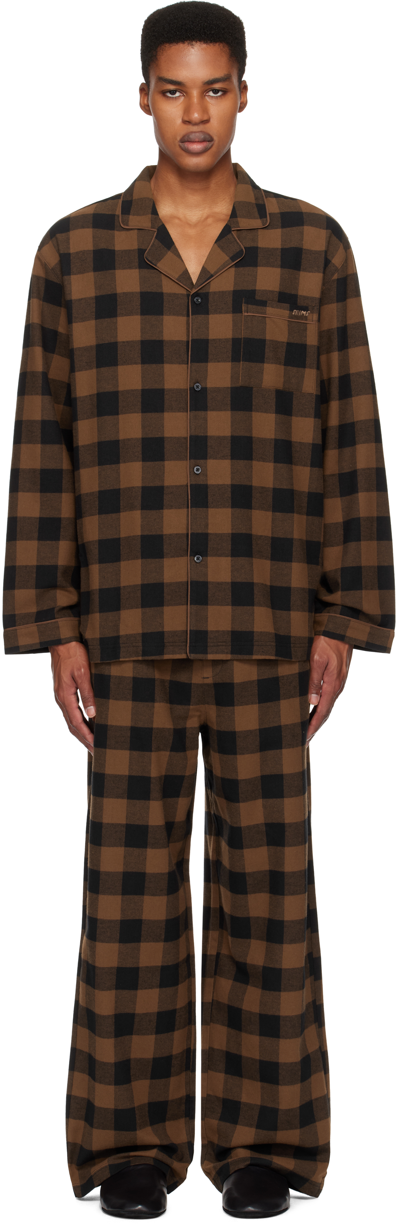 SKIMS: Brown Flannel Sleep Pyjama Set | SSENSE