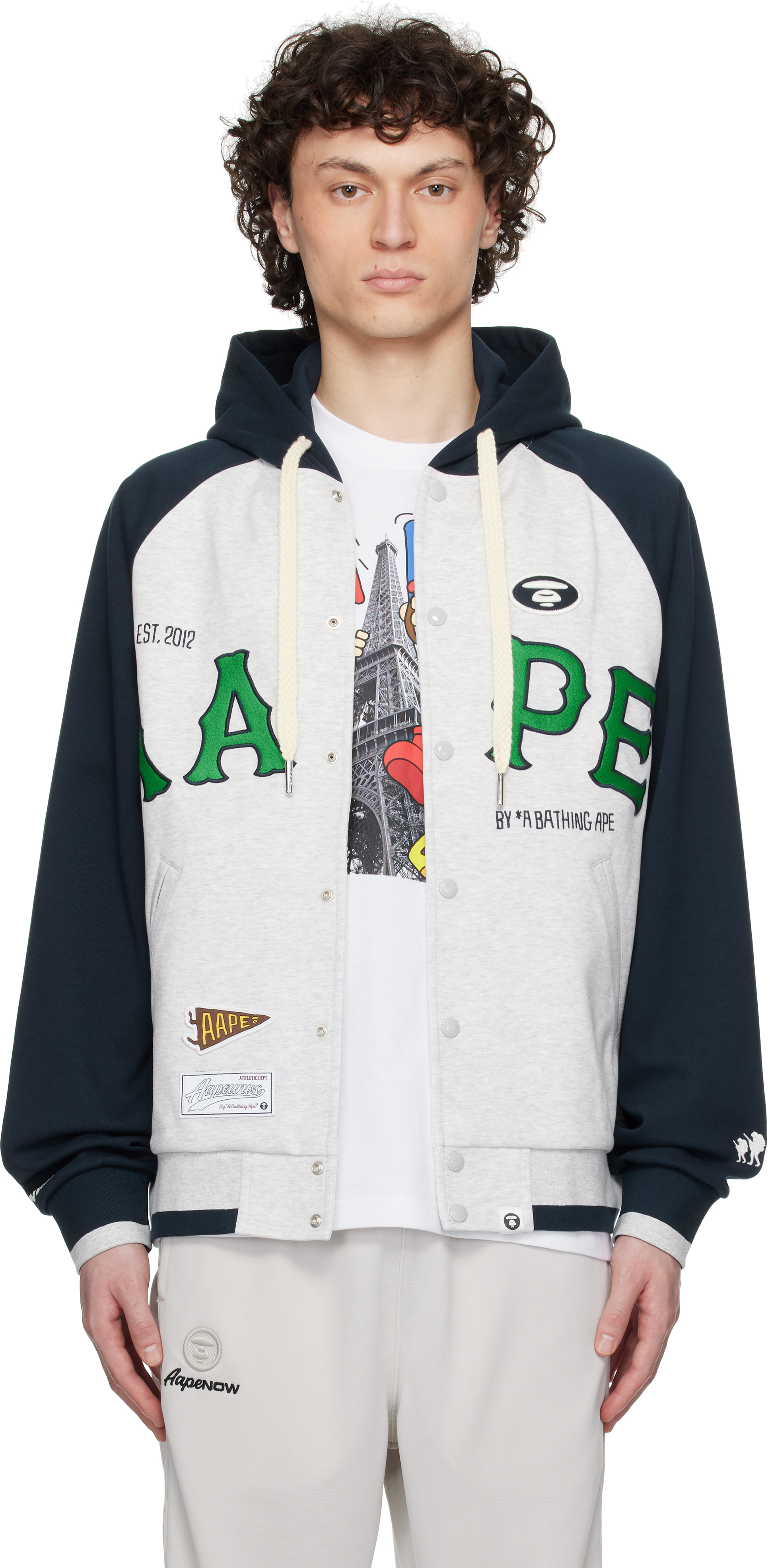 AAPE by A Bathing Ape: Gray & Navy Main Zip Up Jacket | SSENSE AAPE by A Bathing Ape: Gray & Navy Main Zip Up Jacket | SSENSE