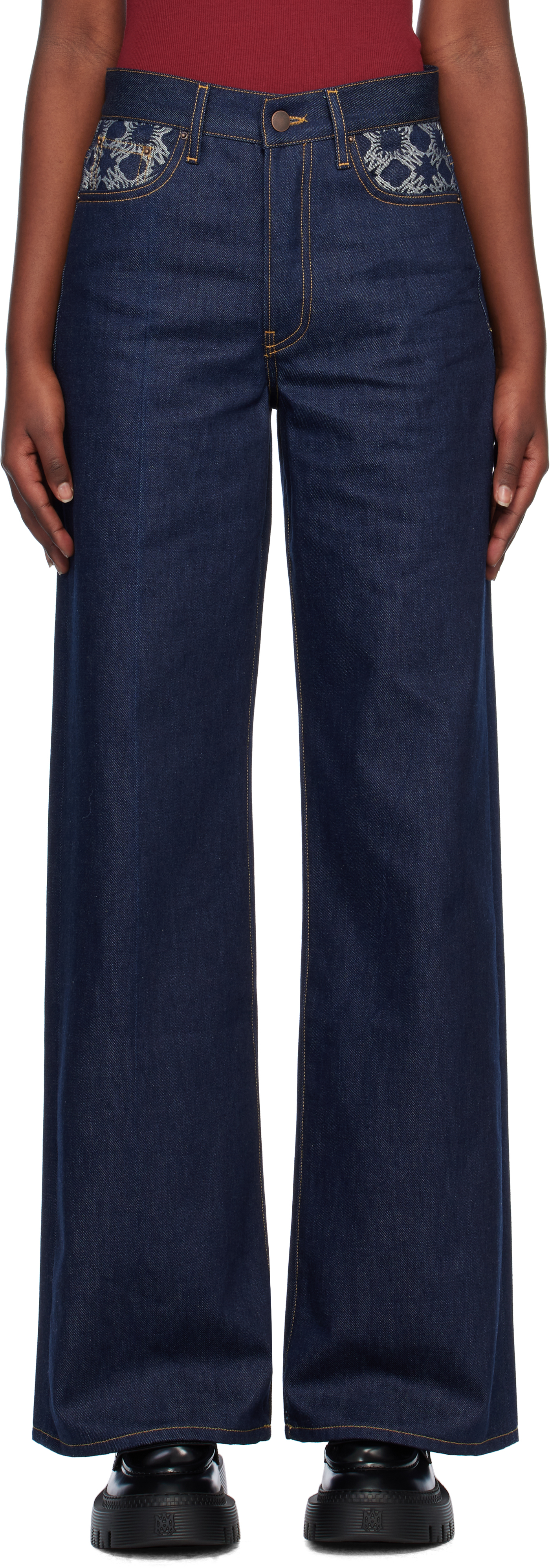 AMIRI: Blue 'MA' Quad High Rise Wide Jeans | SSENSE AMIRI: Blue 'MA' Quad High Rise Wide Jeans | SSENSE