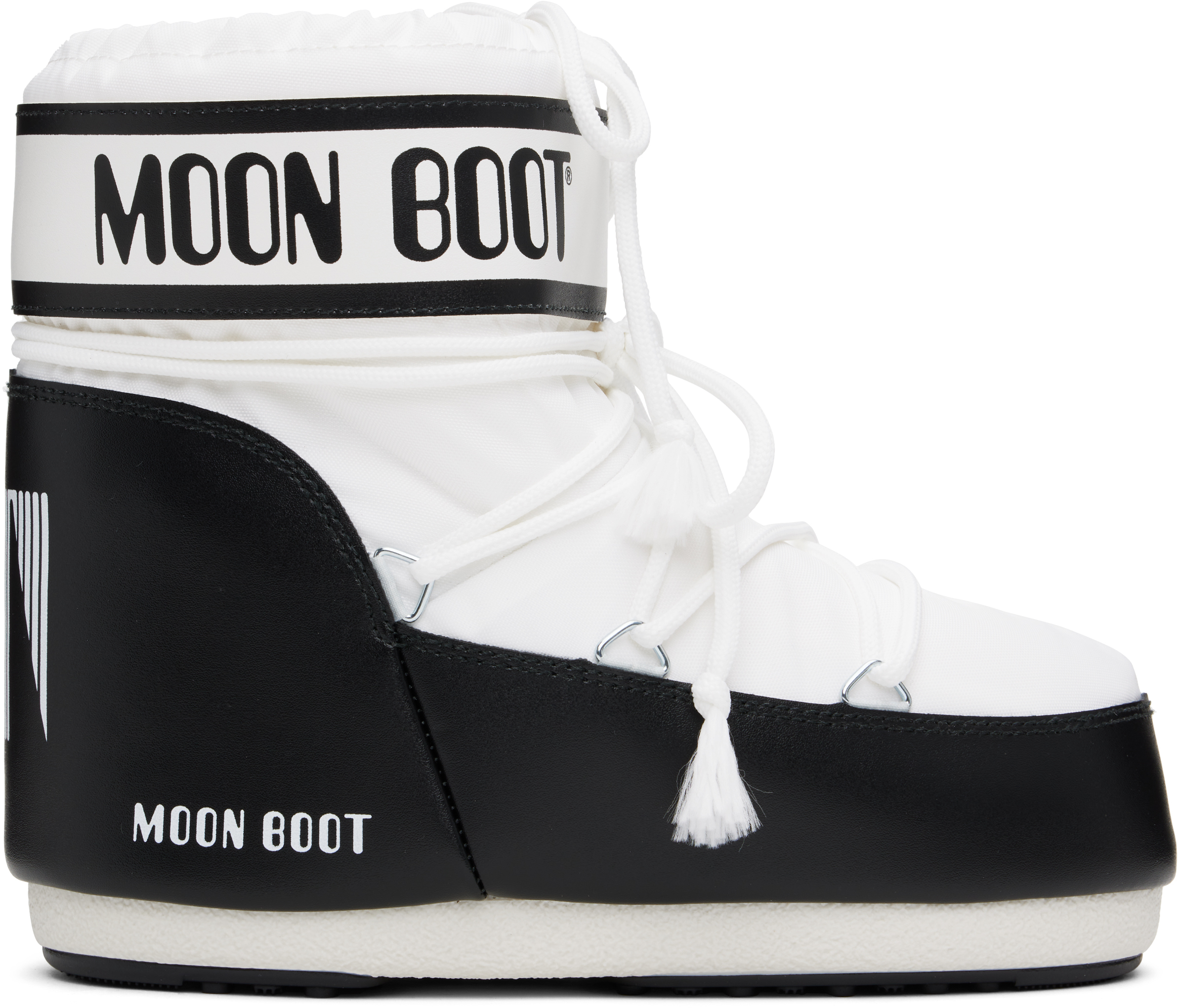 Moon Boot: White & Black 'MB' Icon Low Nylon Boots | SSENSE Canada