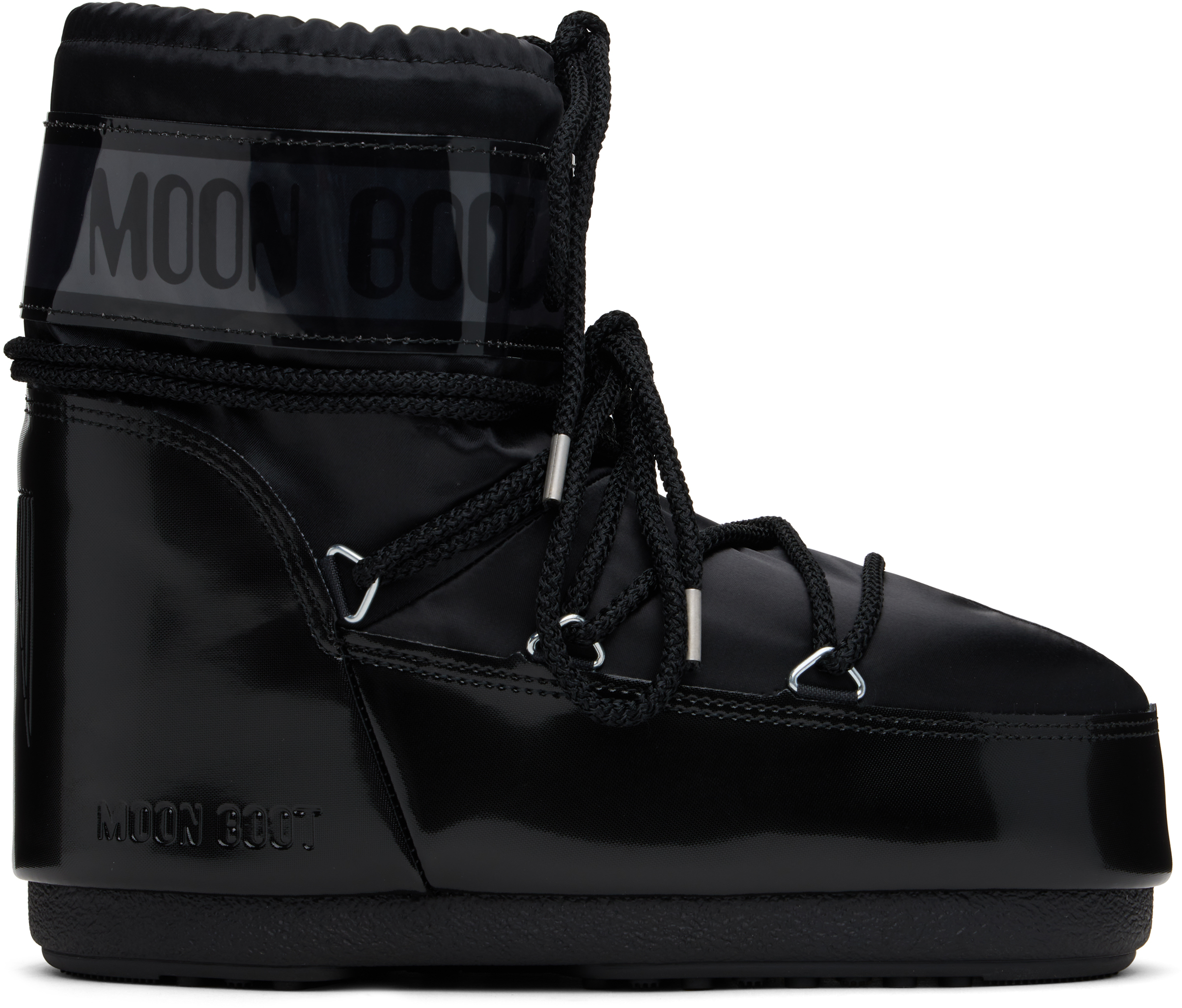 Moon Boot: Black Icon Low Glance Satin Boots | SSENSE Canada