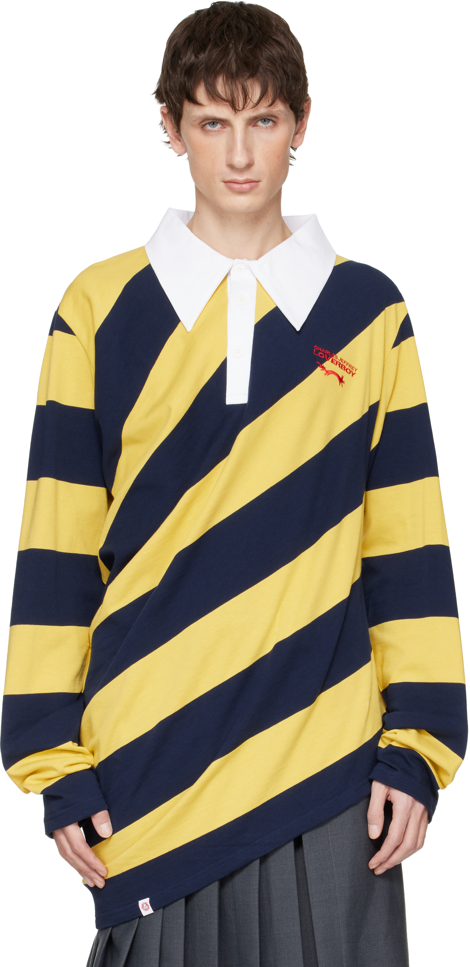 Charles Jeffrey LOVERBOY: Yellow & Navy Topsy Turvy Polo | SSENSE Canada