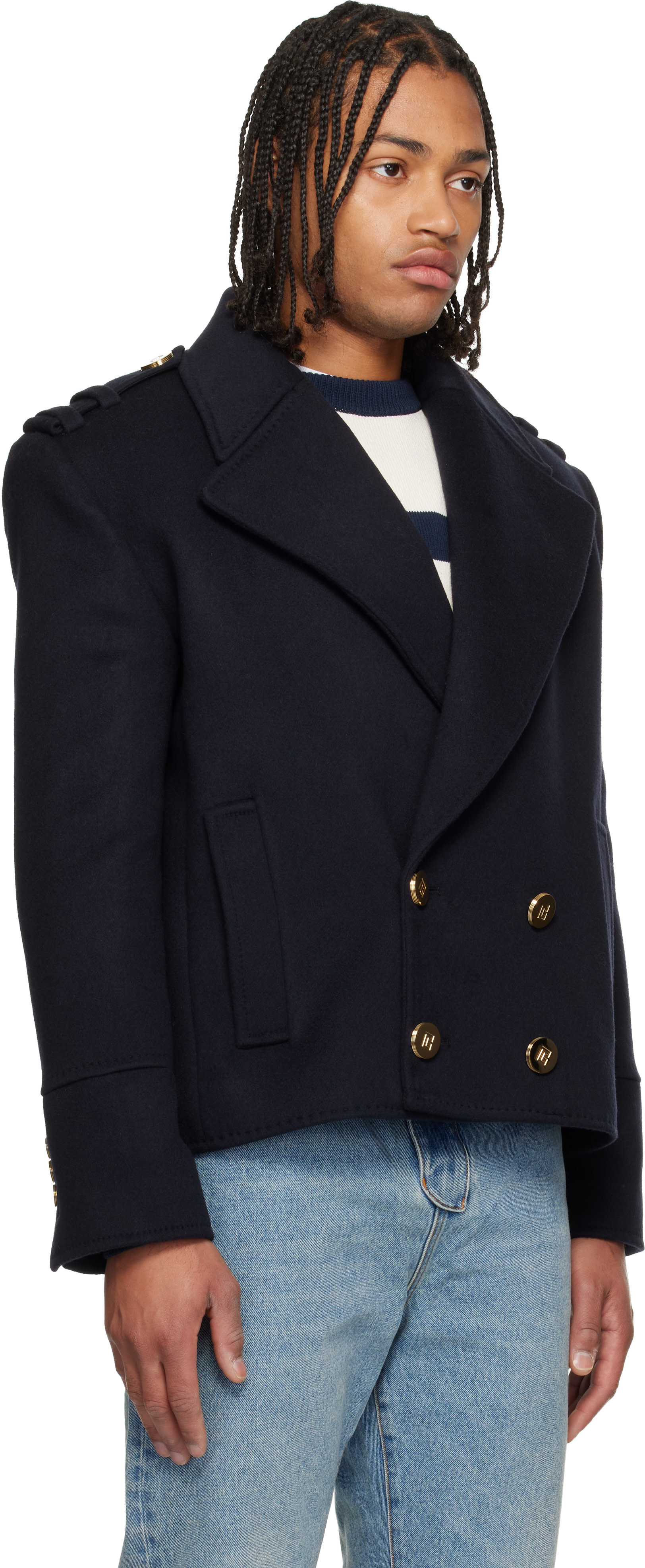 BALMAIN: Navy Cropped Wool Reefer Jacket | SSENSE