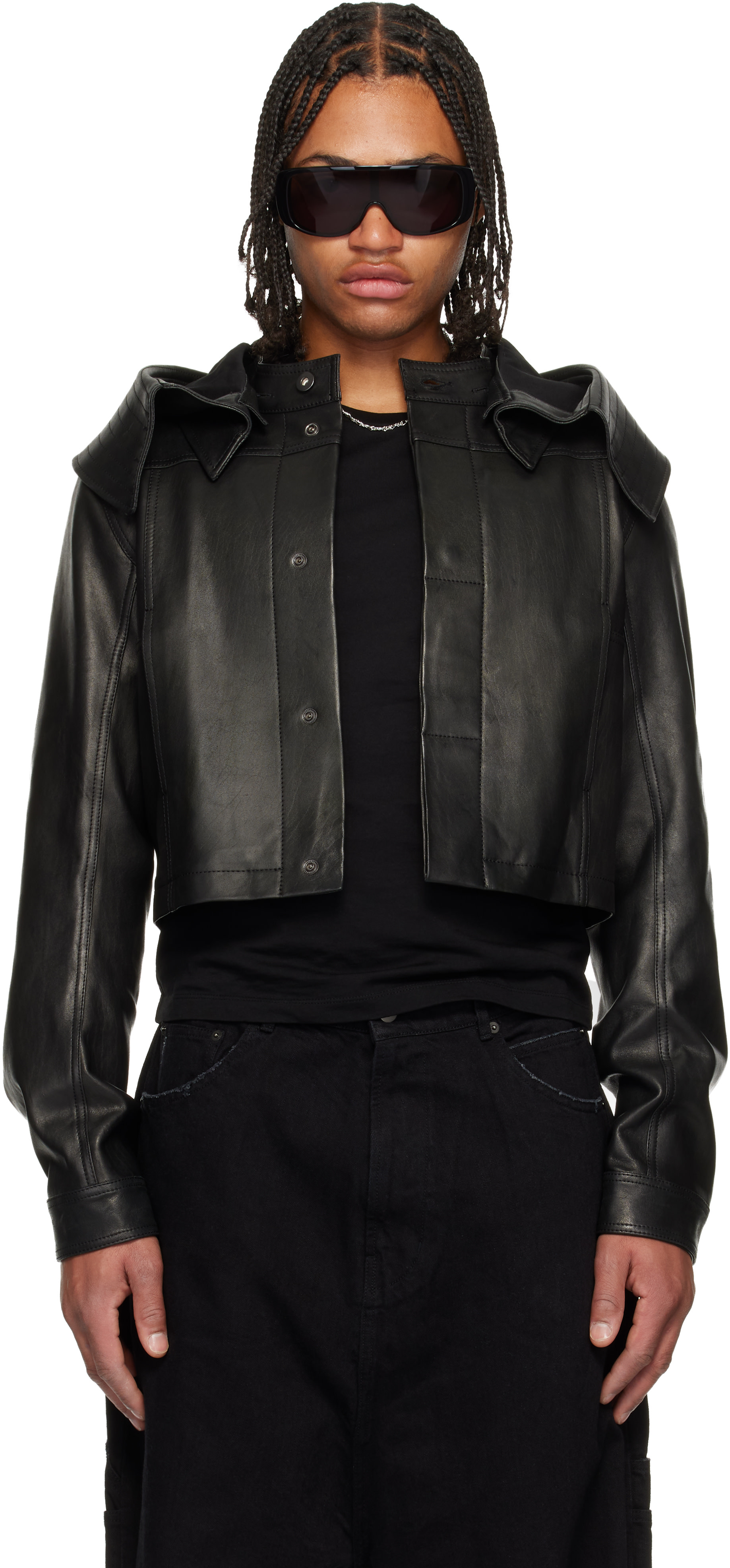 DET BLEV SENT: Black Hooded Leather Jacket | SSENSE