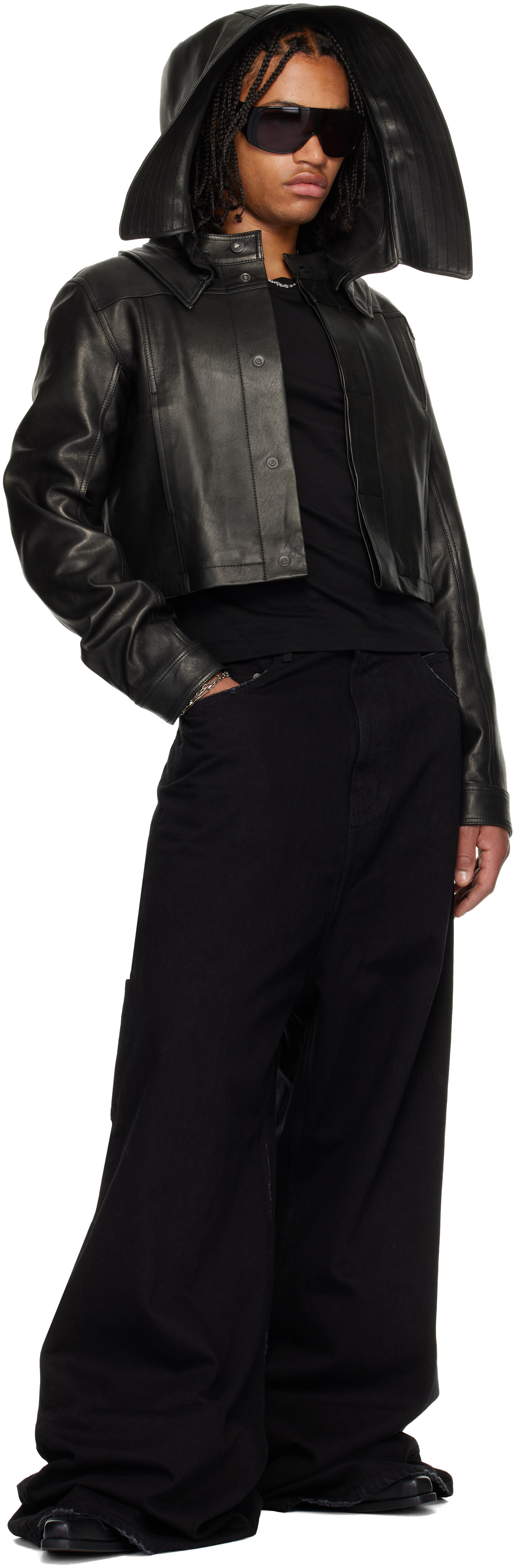DET BLEV SENT: Black Hooded Leather Jacket | SSENSE