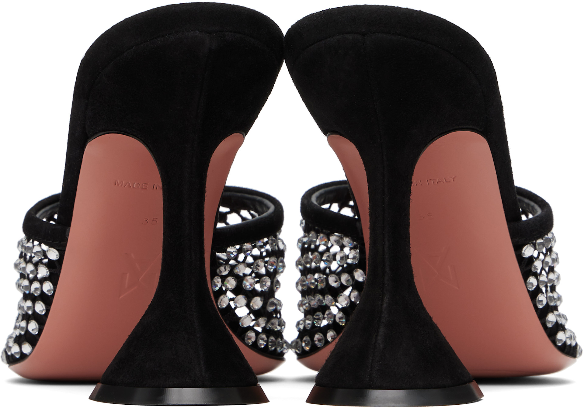 Amina Muaddi: Black Lupita Crystal Net Heeled Sandals | SSENSE Canada