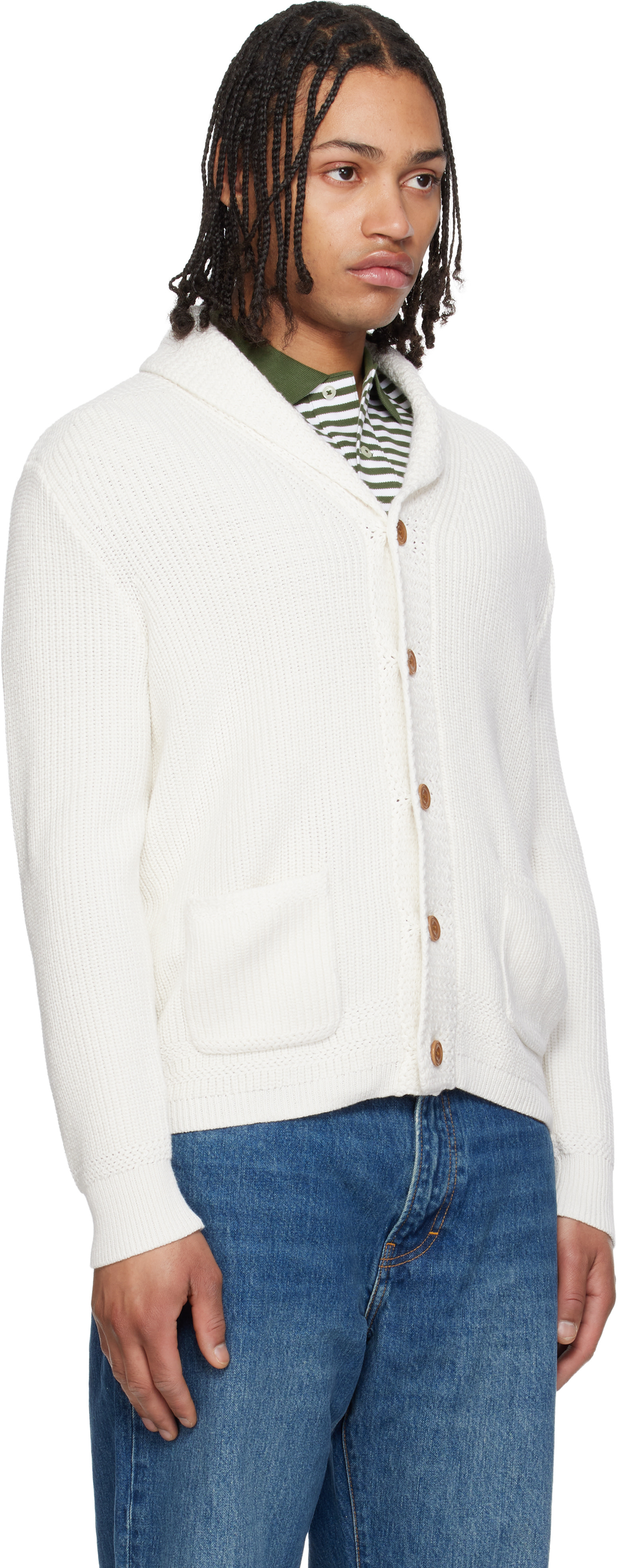 Polo Ralph Lauren: Off-White Cotton Shawl-Collar Cardigan | SSENSE ...