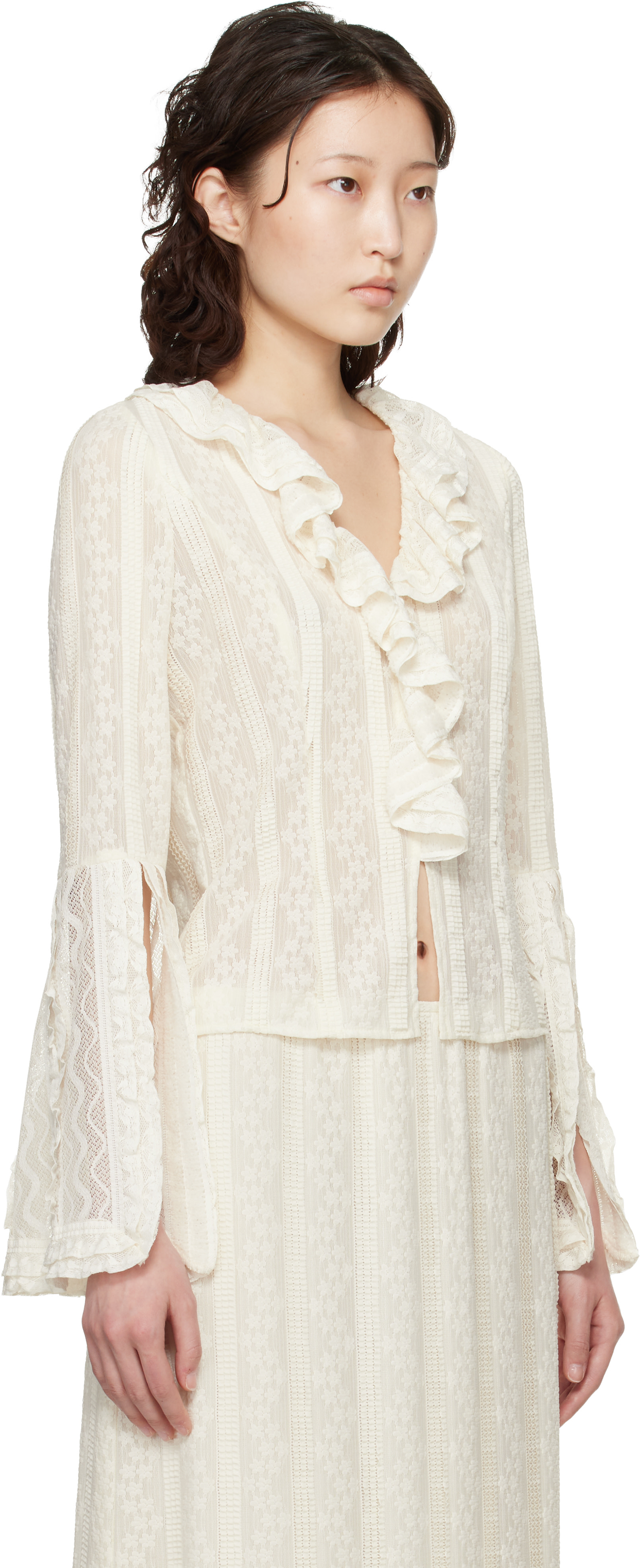 Anna Sui: Off-White Floral Ruffle Stretch Lace Blouse | SSENSE