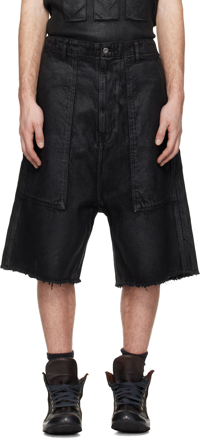 DET BLEV SENT: Black Waxed Fatigue Shorts | SSENSE