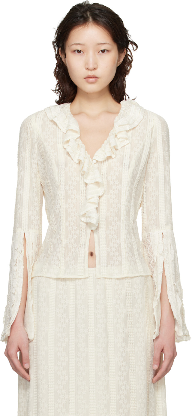 Anna Sui: Off-White Floral Ruffle Stretch Lace Blouse | SSENSE